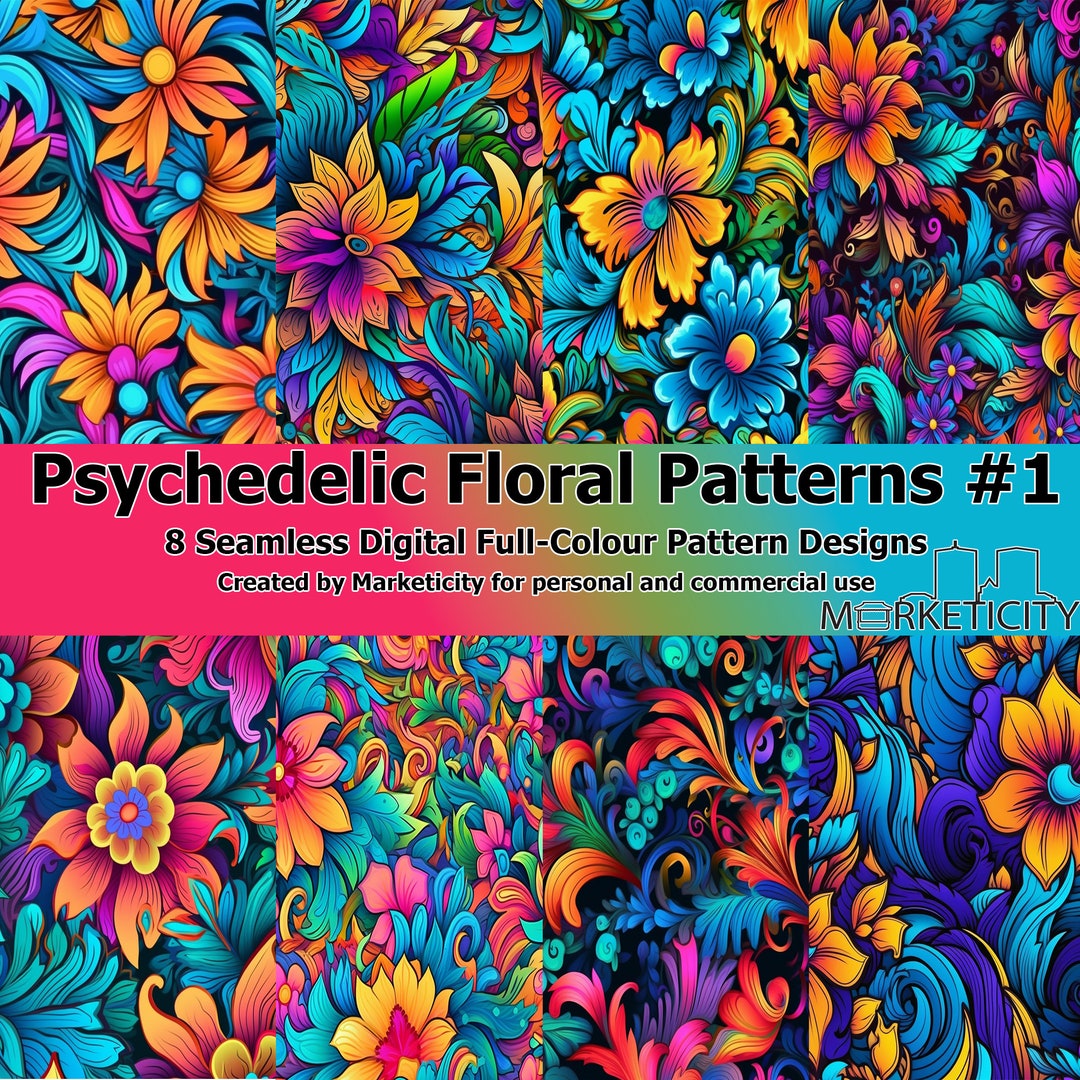 8 Seamless Psychedelic Floral Patterns - High Quality JPG Image Bundle ...