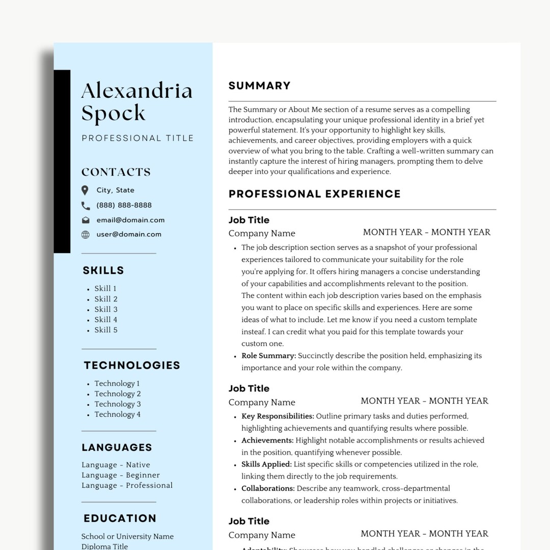 Blue Streamlined Resume Template, Digital Download, ATS Friendly ...