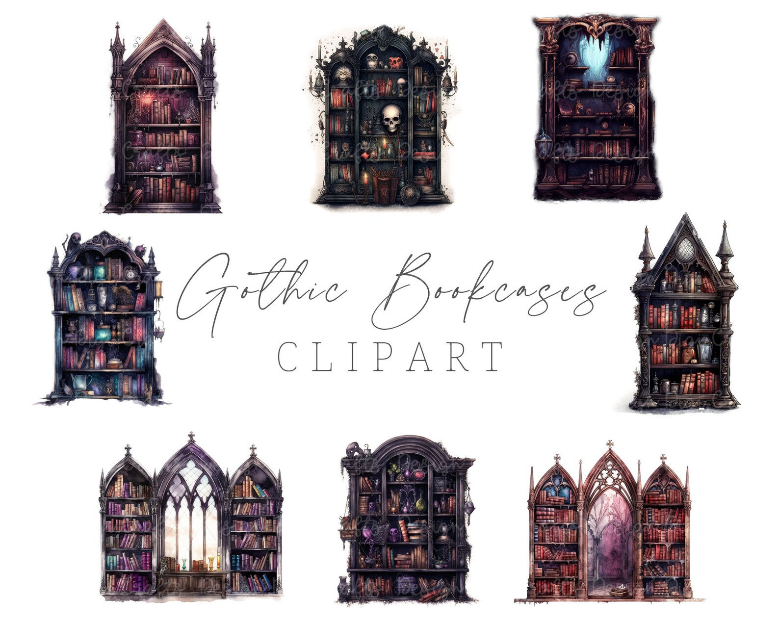 Gothic Bookcases Clipart Printable Scrapbook Paper Planner Clipart ...