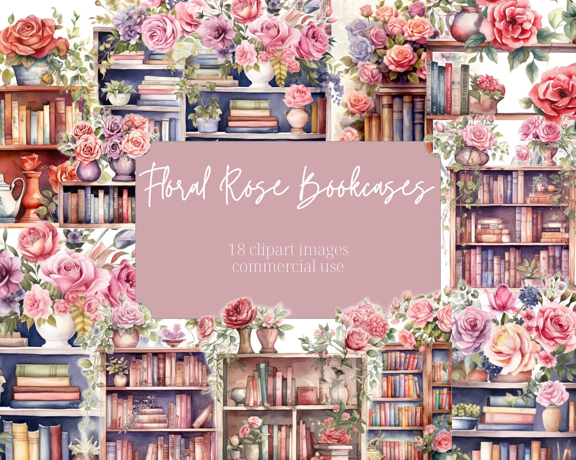 Floral Rose Bookcases Clipart Printable Scrapbook Paper - Etsy