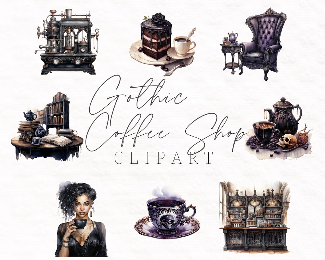Gothic Coffee Shop Clipart Printable Scrapbook Paper Planner Clipart ...