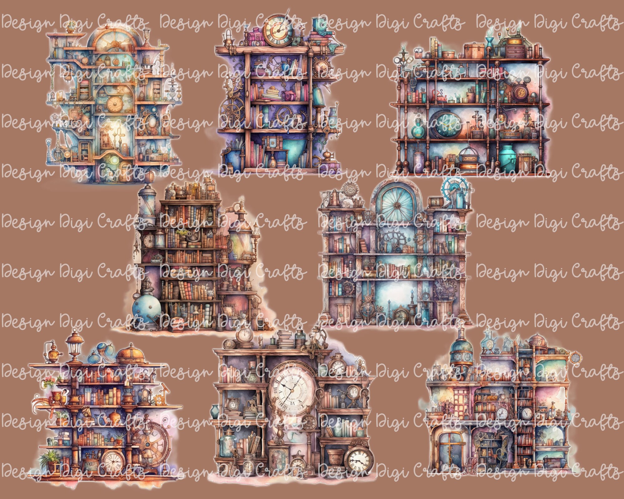 Steampunk Bookcases Clipart Printable Scrapbook Paper Planner Clipart ...