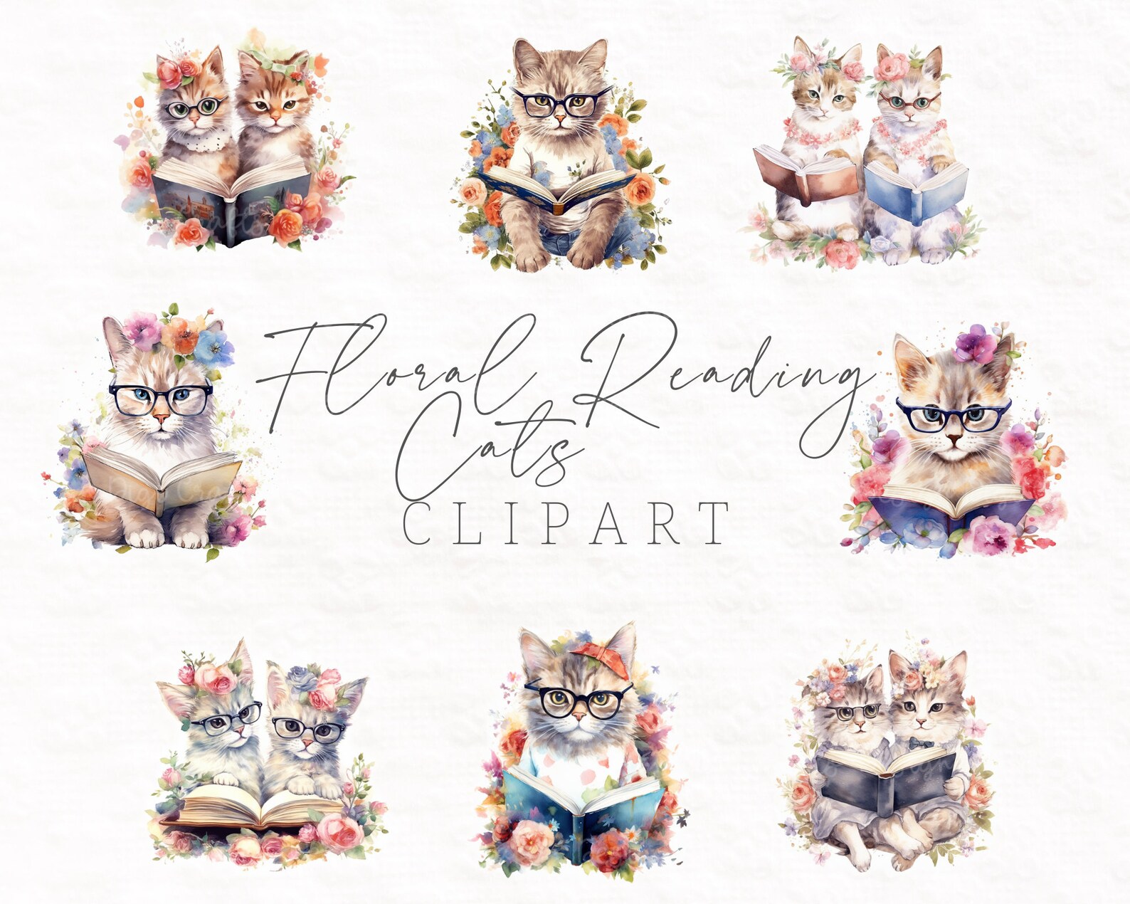 Floral Reading Cats Clipart Printable Scrapbook Paper Planner Clipart ...