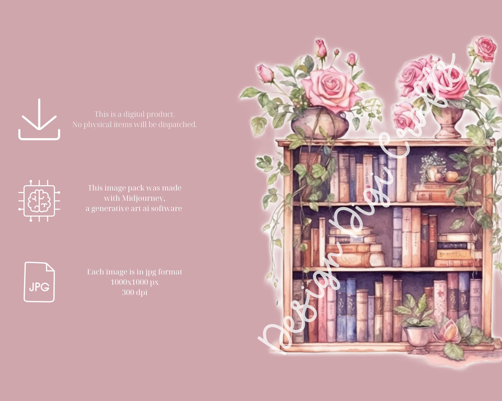 Floral Rose Bookcases Clipart Printable Scrapbook Paper Planner Clipart ...