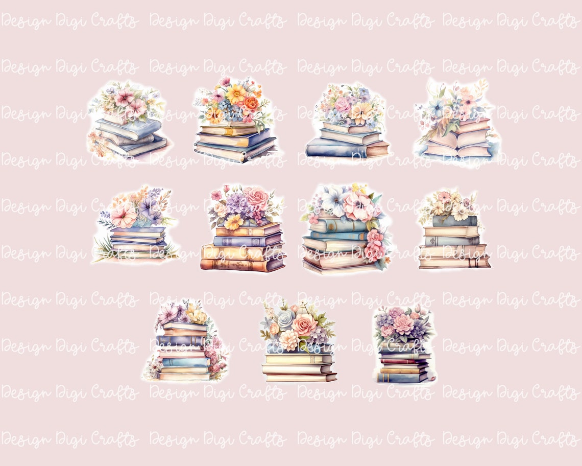 Floral Book Stacks Clipart Printable Scrapbook Paper Planner - Etsy