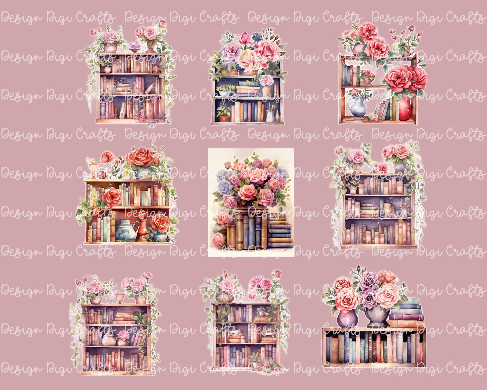 Floral Rose Bookcases Clipart Printable Scrapbook Paper Planner Clipart ...