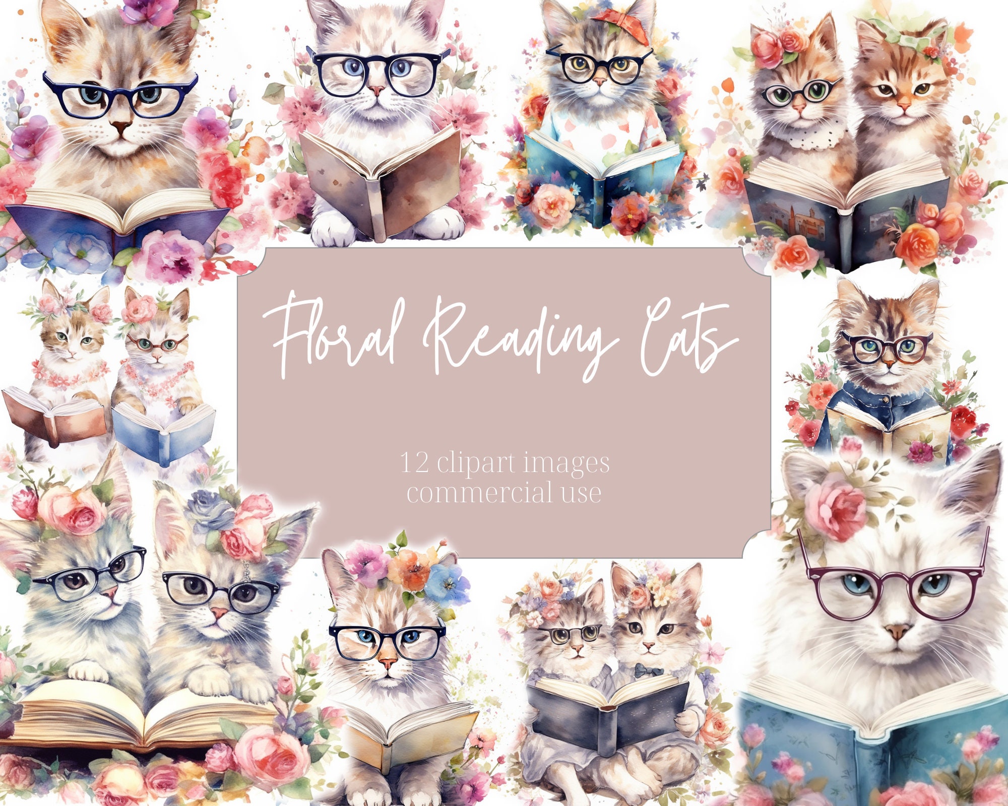 Floral Reading Cats Clipart Printable Scrapbook Paper - Etsy