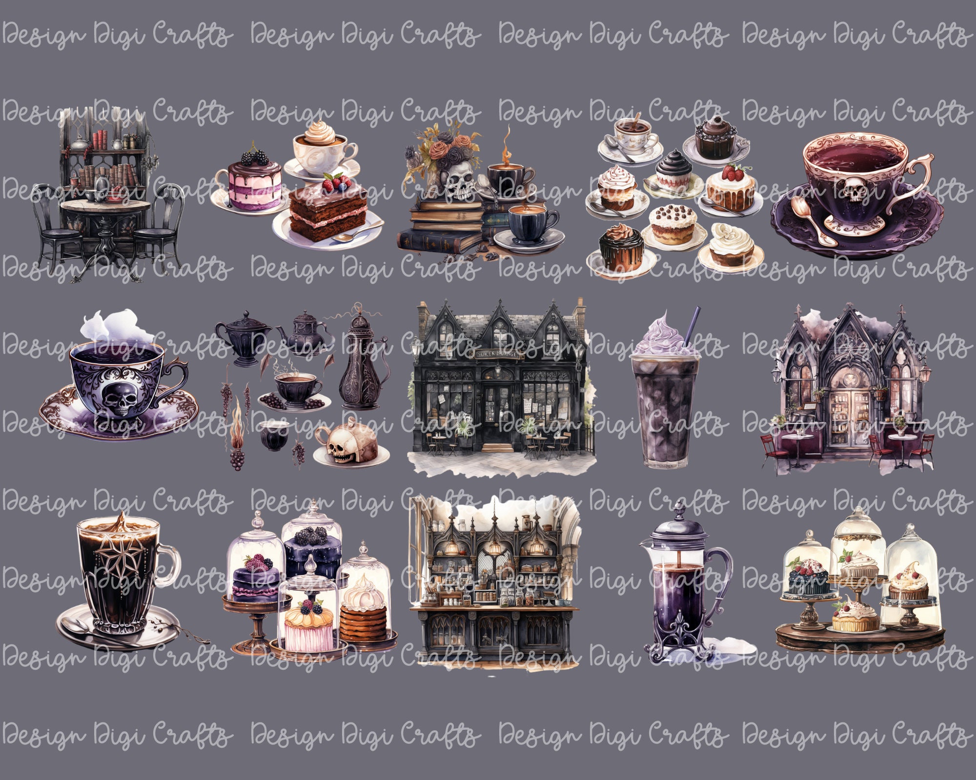 Gothic Coffee Shop Clipart Printable Scrapbook Paper Planner Clipart ...