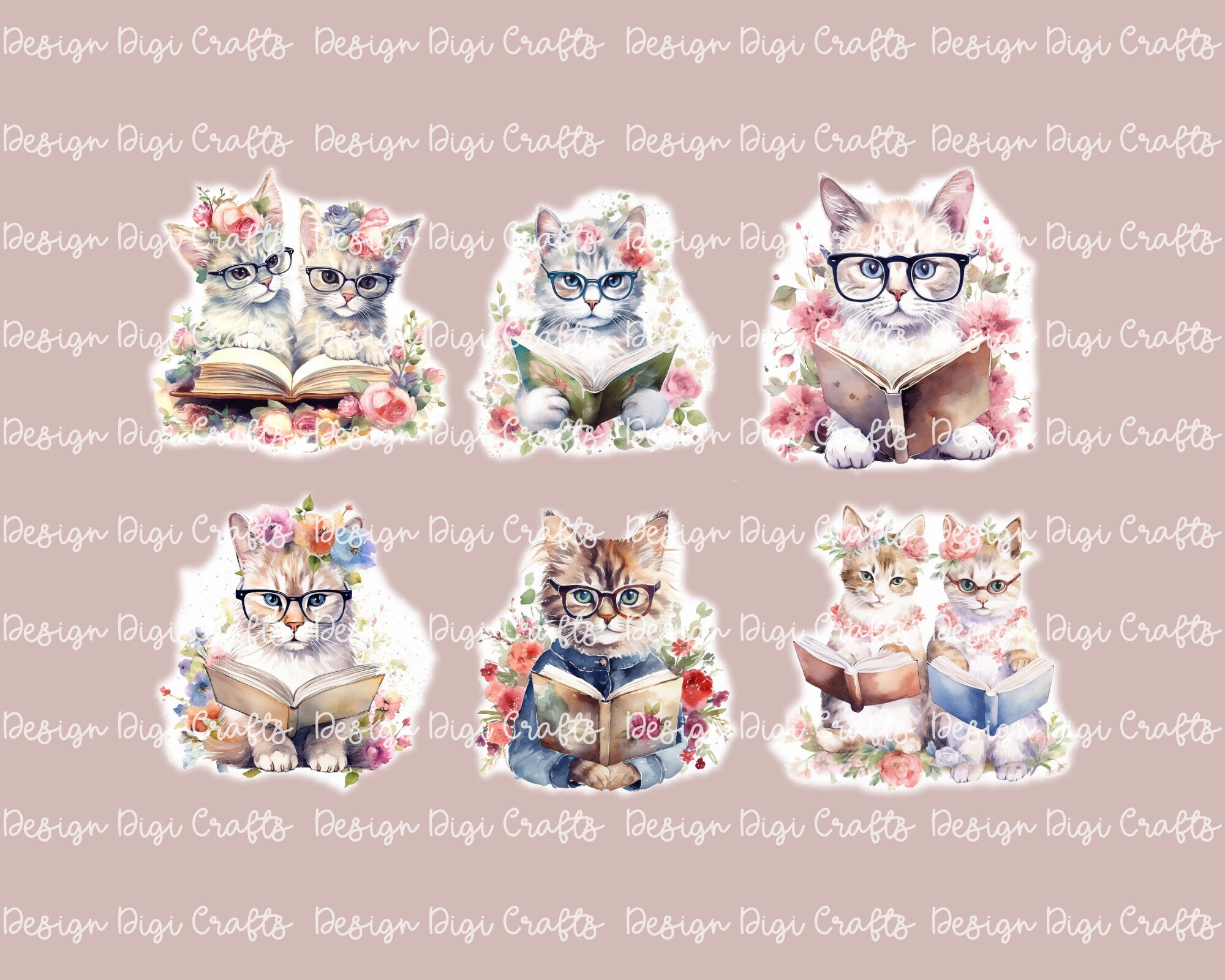 Floral Reading Cats Clipart Printable Scrapbook Paper - Etsy