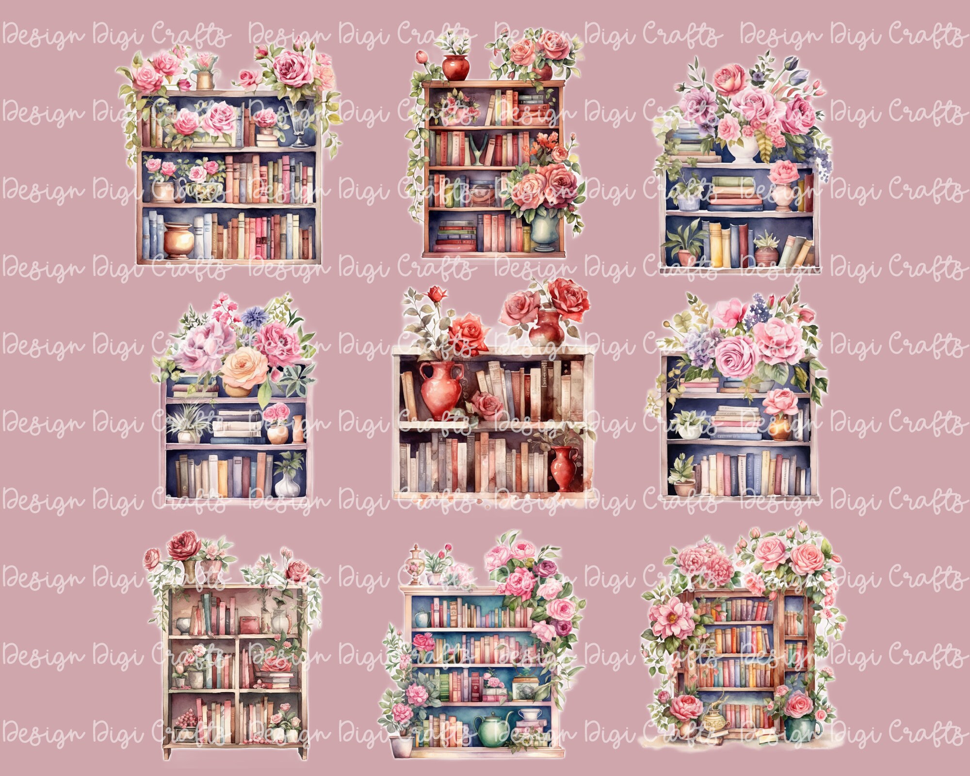 Floral Rose Bookcases Clipart Printable Scrapbook Paper Planner Clipart ...