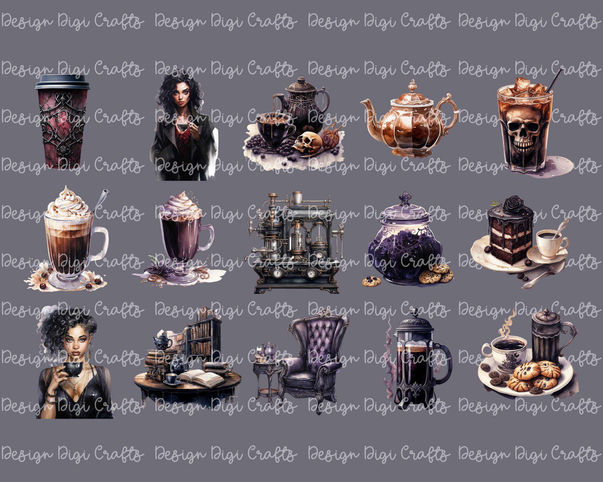 Gothic Coffee Shop Clipart Printable Scrapbook Paper Planner Clipart ...