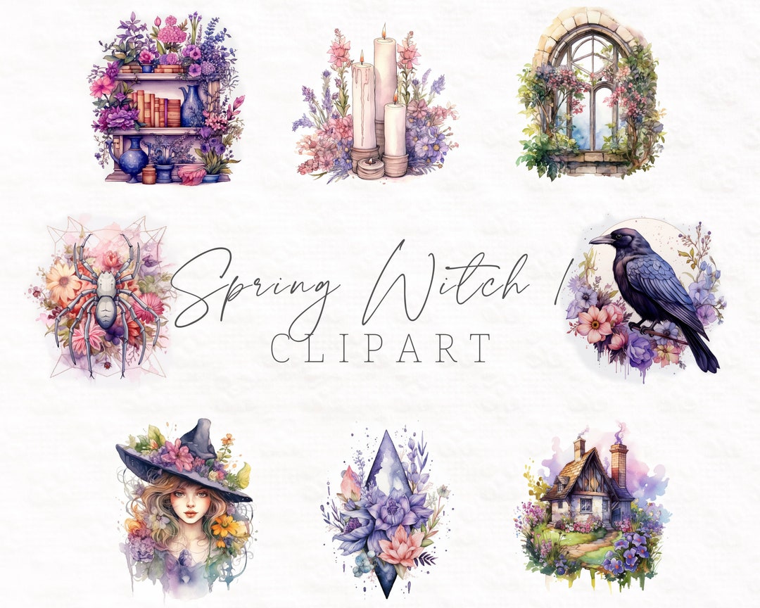 Floral Spring Witch Clipart Printable Scrapbook Paper Planner Clipart ...