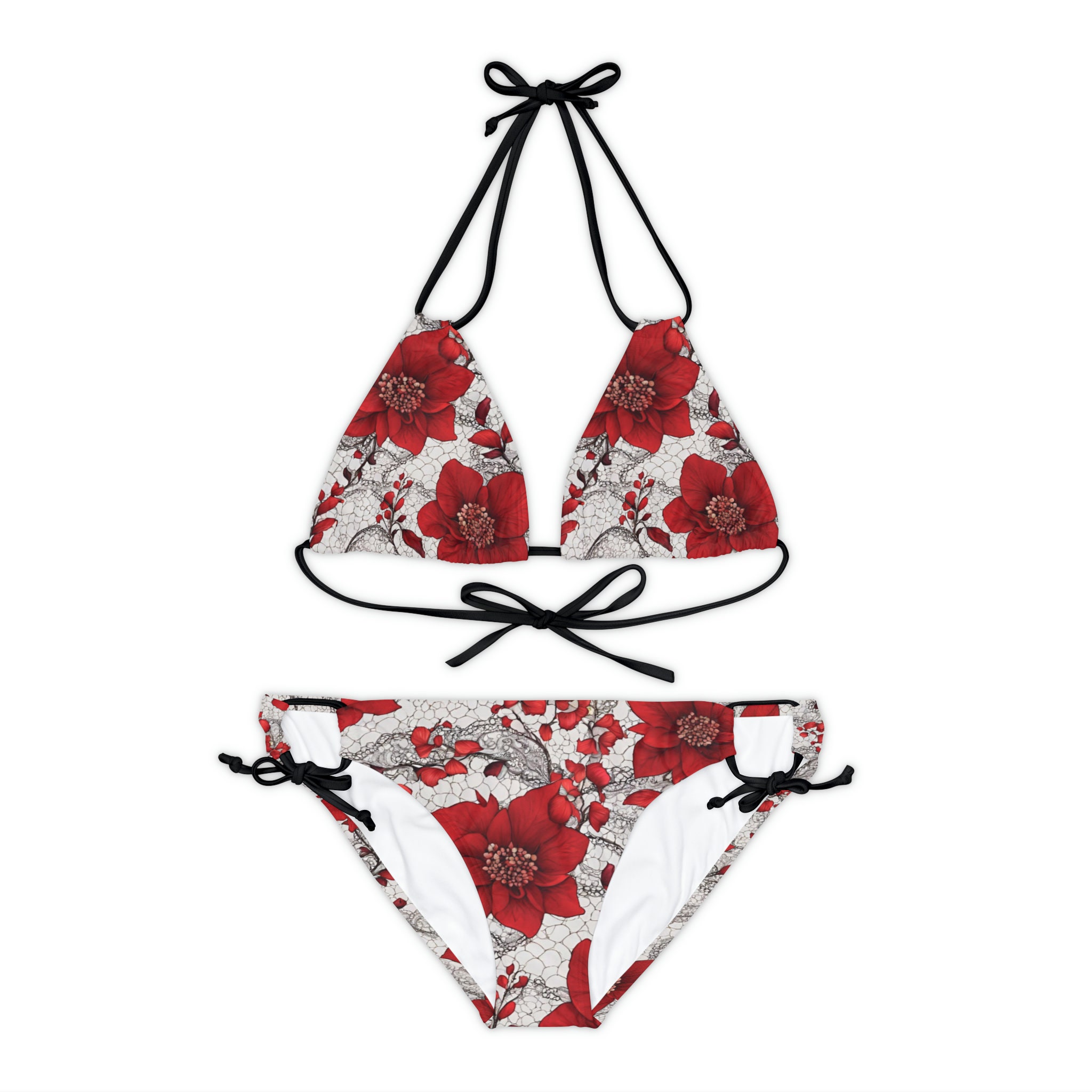 Red Flowers and Silver Background Color Strappy Bikini Set AOP Summer ...