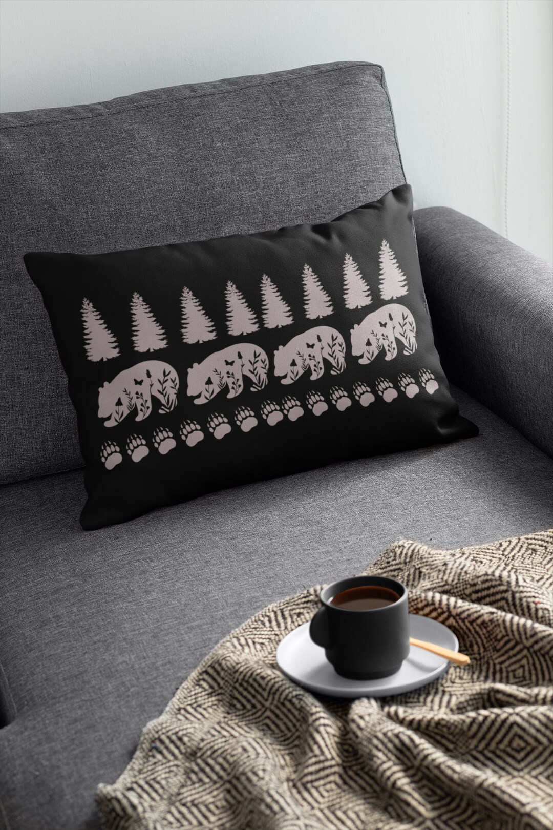 Black Log Cabin Inspired Microfiber Pillow Sham With Trees, Bears and ...
