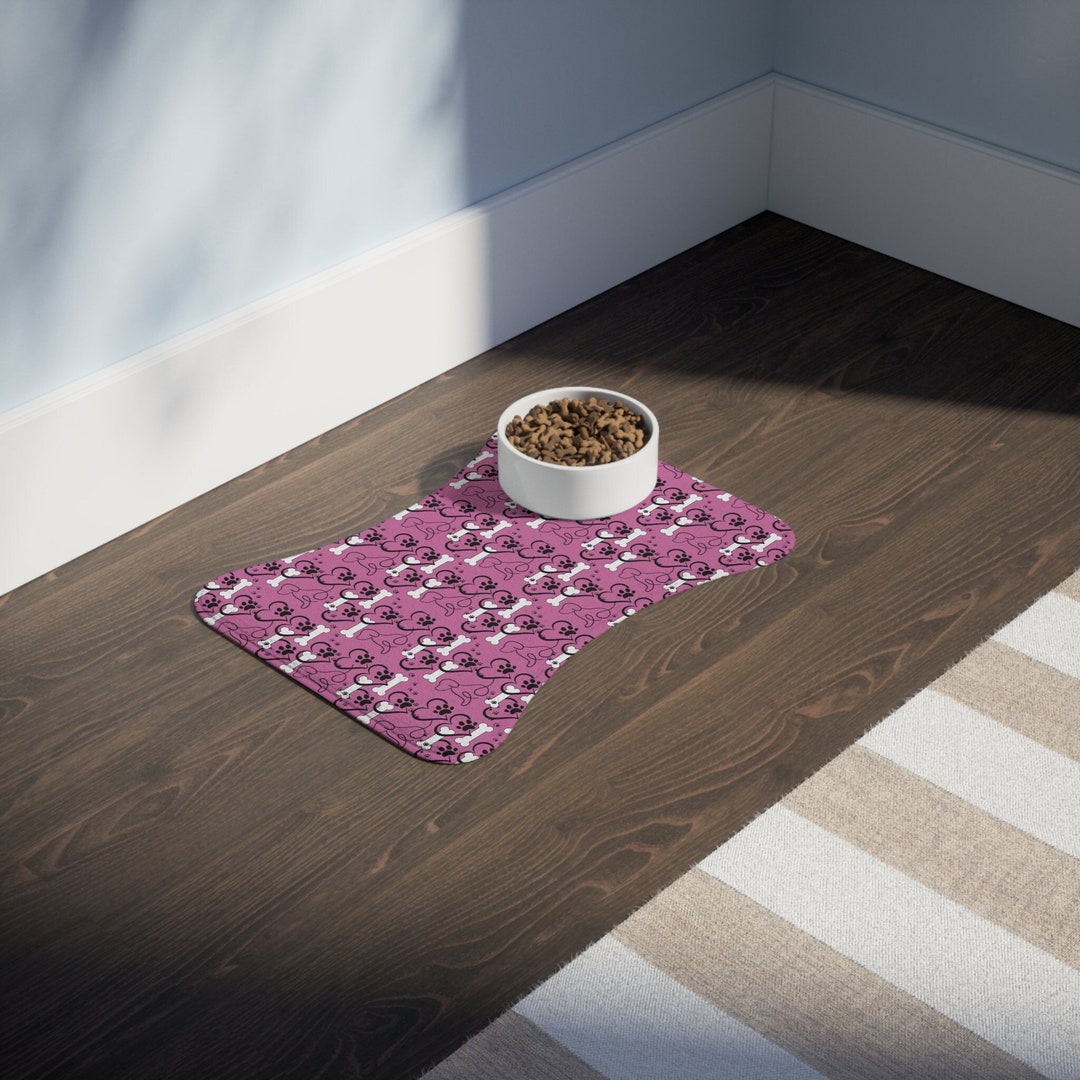 Pink Dog & Cat Food Mat With Paw Prints, Bones and Hearts Pet Feeding ...