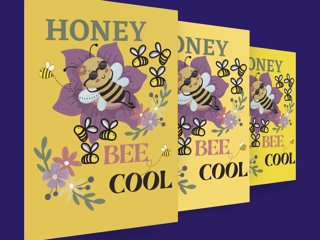 Yellow Honeybee Poster That Has a Honeybee Floating on a Purple Flower ...