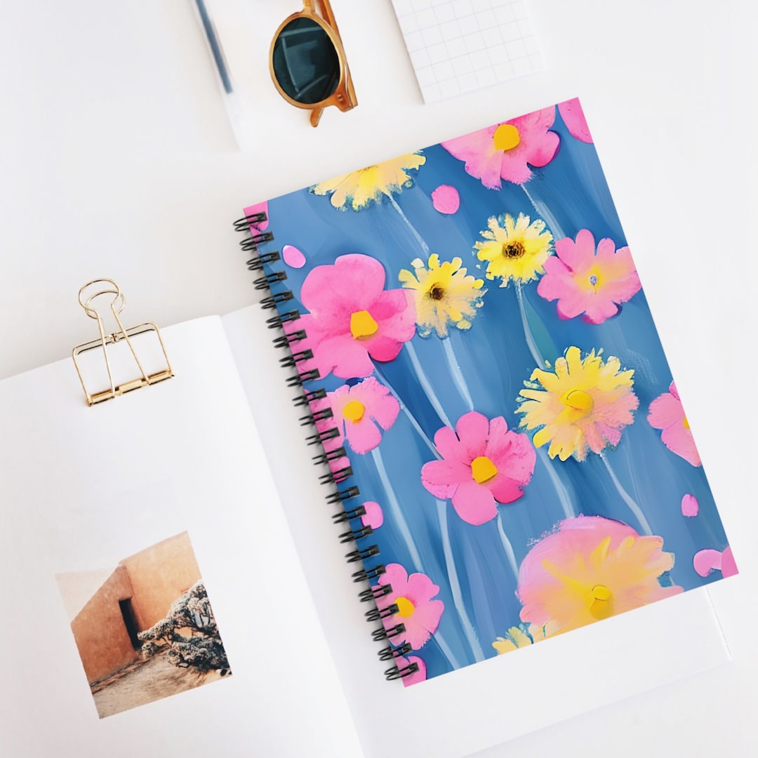 Pink & Yellow Flower Spiral Notebook Ruled Line Light Blue Background ...