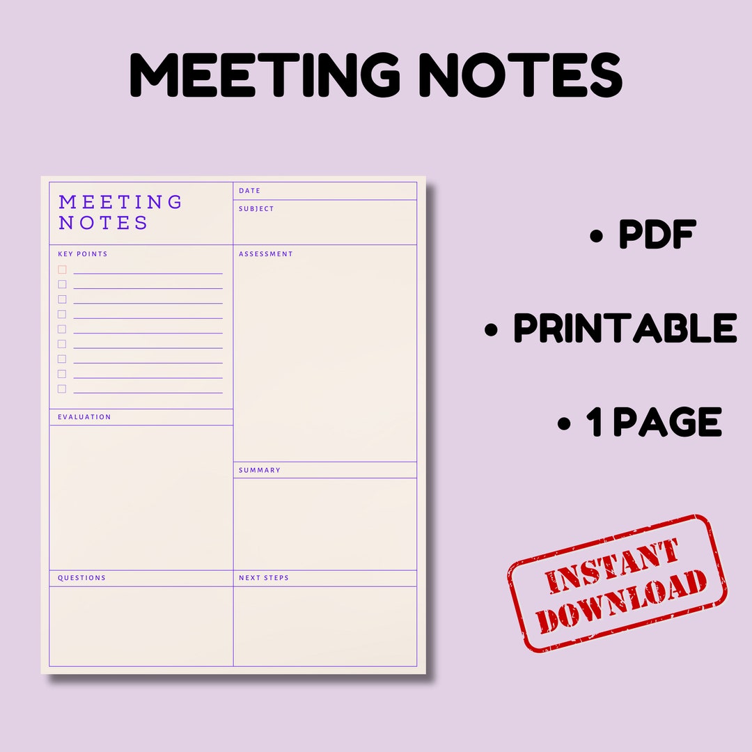 Meeting Notes Template Printable, Meeting Notes, Meeting Minutes ...