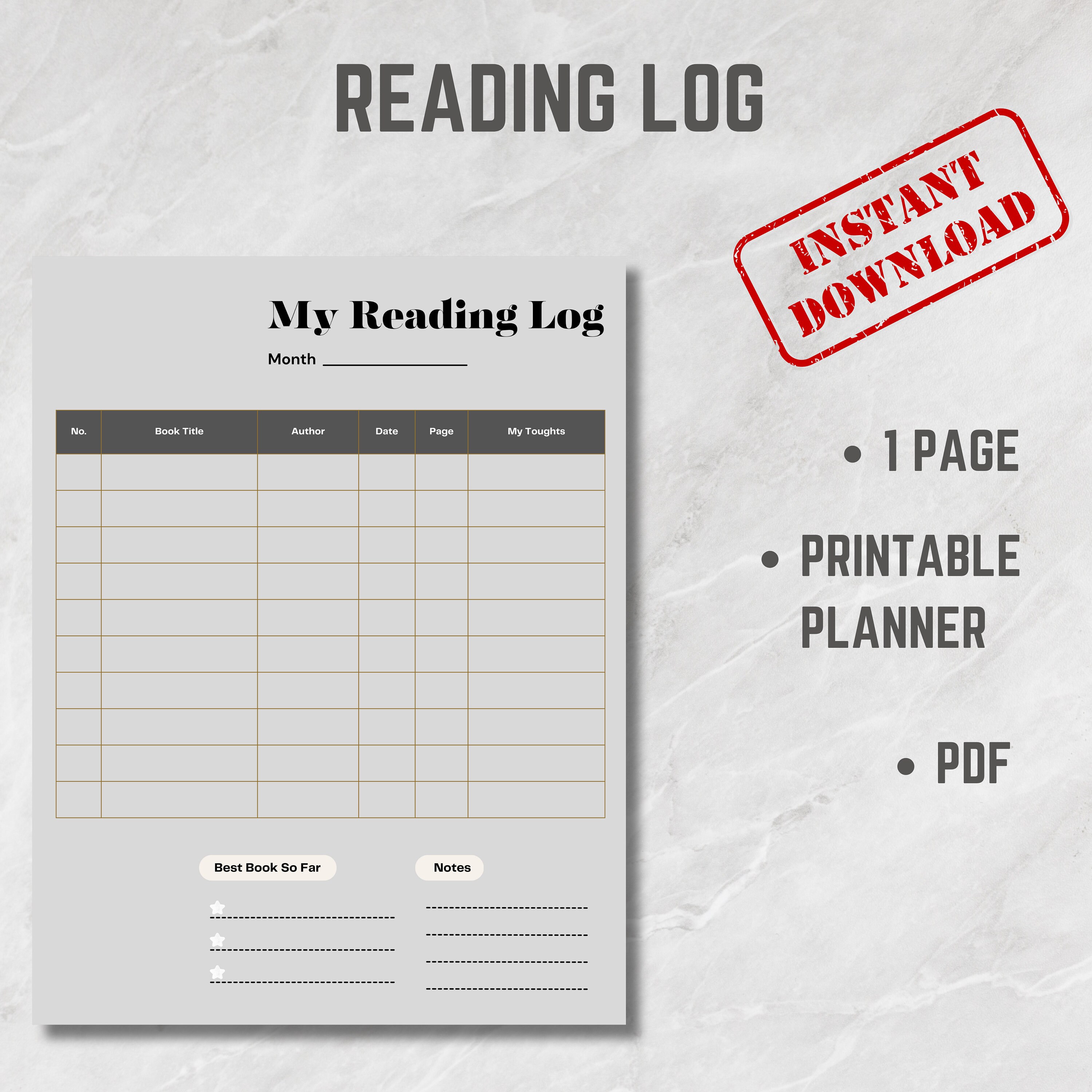 Reading Log Printable Reading Journal Book, Reading Tracker Book Review ...