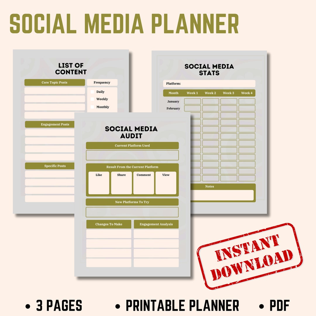 Social Media Planner Printable PDF, Social Media Manager, Instagram ...
