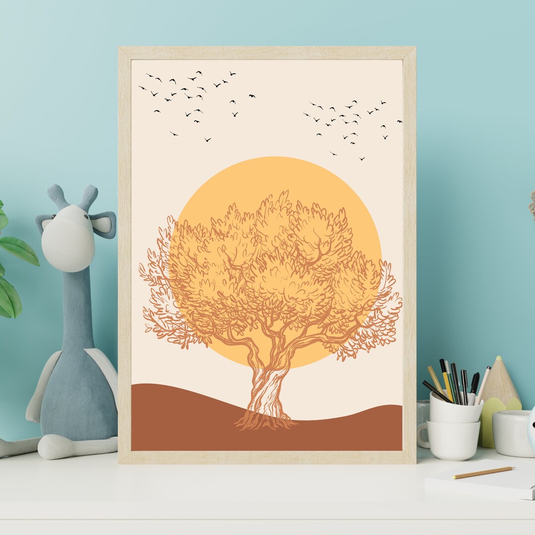 Boho Sun Tree Bird Wall Art, Boho Wall Art, Boho Set, Sun Moon Art ...