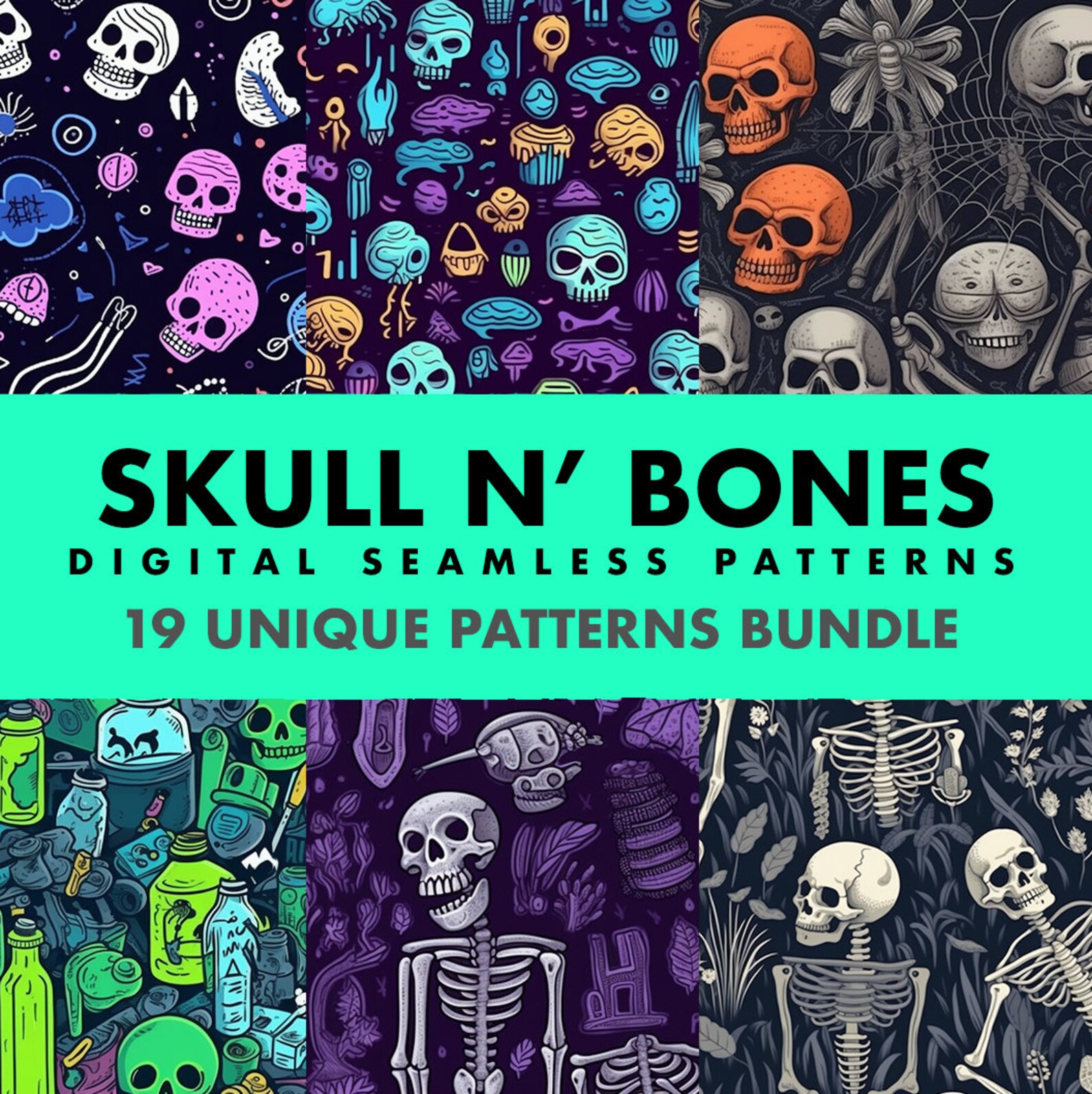 Skull N' Bones 19 Unique Seamless Patterns - Digital Paper, Seamless ...