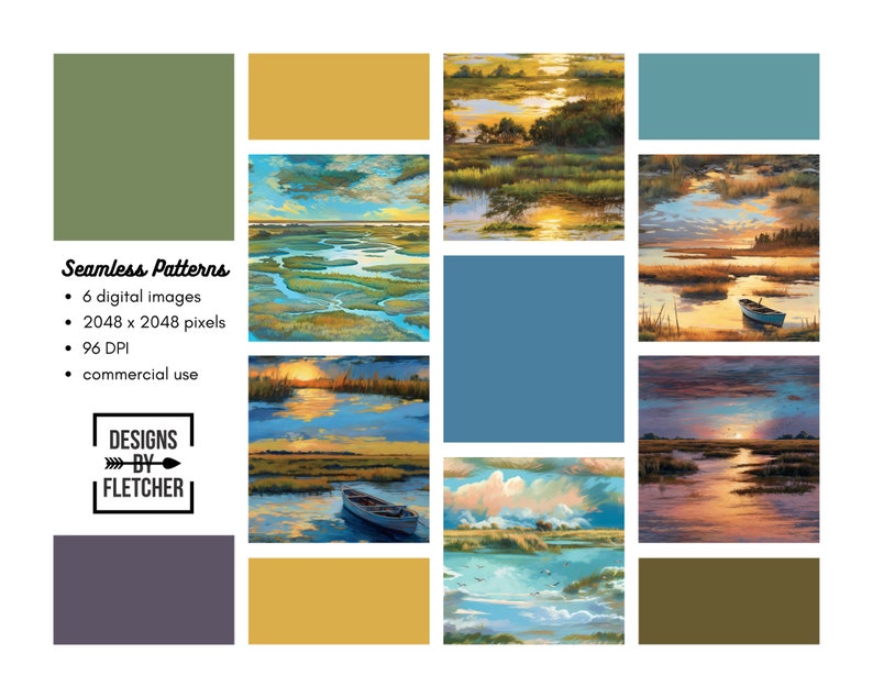 Coastal Marsh Illustration Digital Pattern, Seamless Coastal Marsh ...