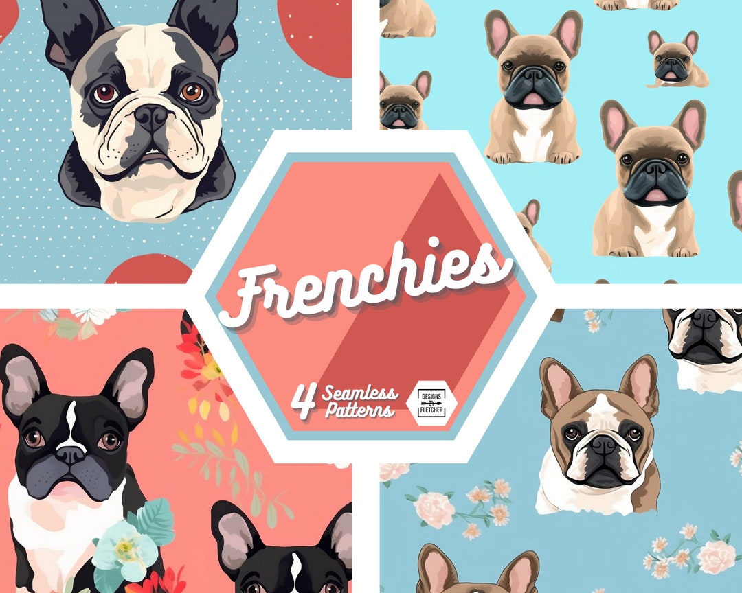 Frenchies Illustration Digital Paper - Seamless French Bulldog Digital ...