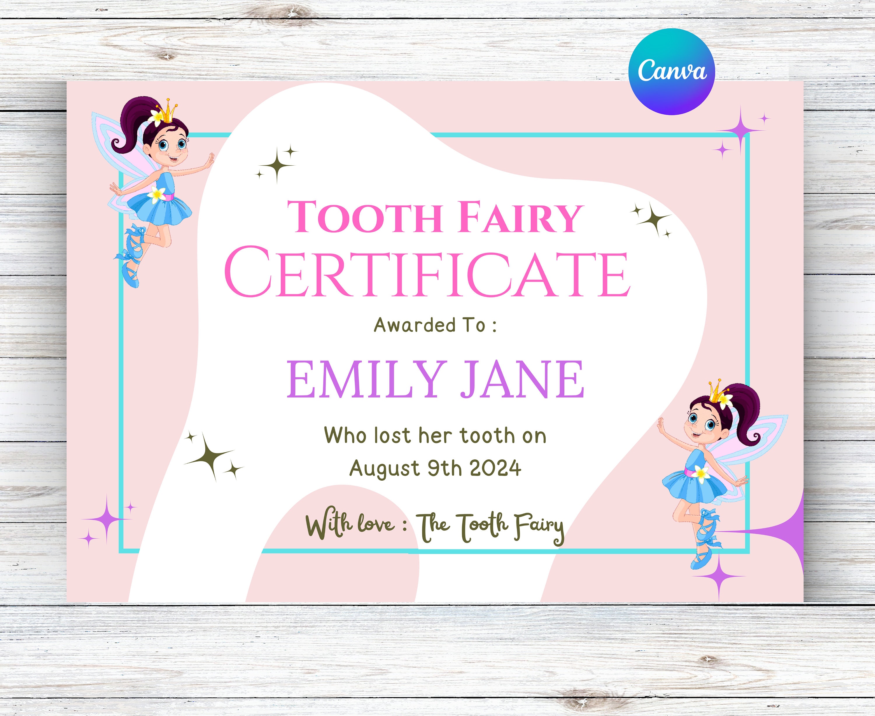 Tooth Fairy Certificate Pink | Customizable on Canva or Blank ...