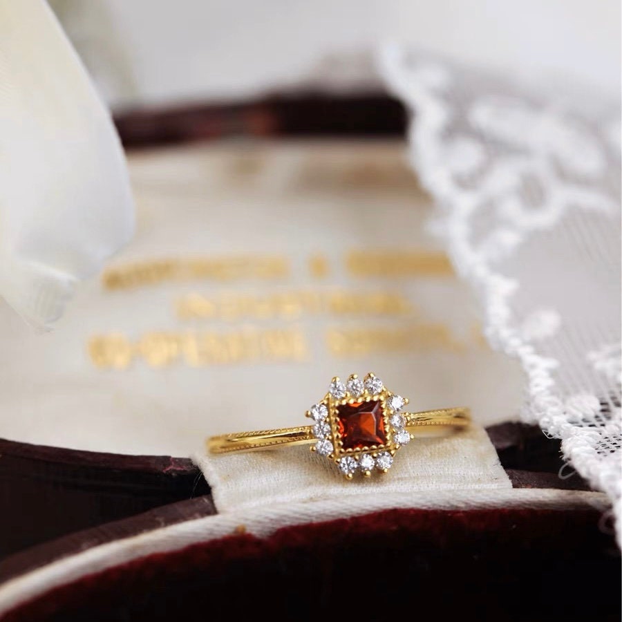 Delicate Ruby Ring in 18K Gold Dainty Square Ruby Cz Ring - Etsy