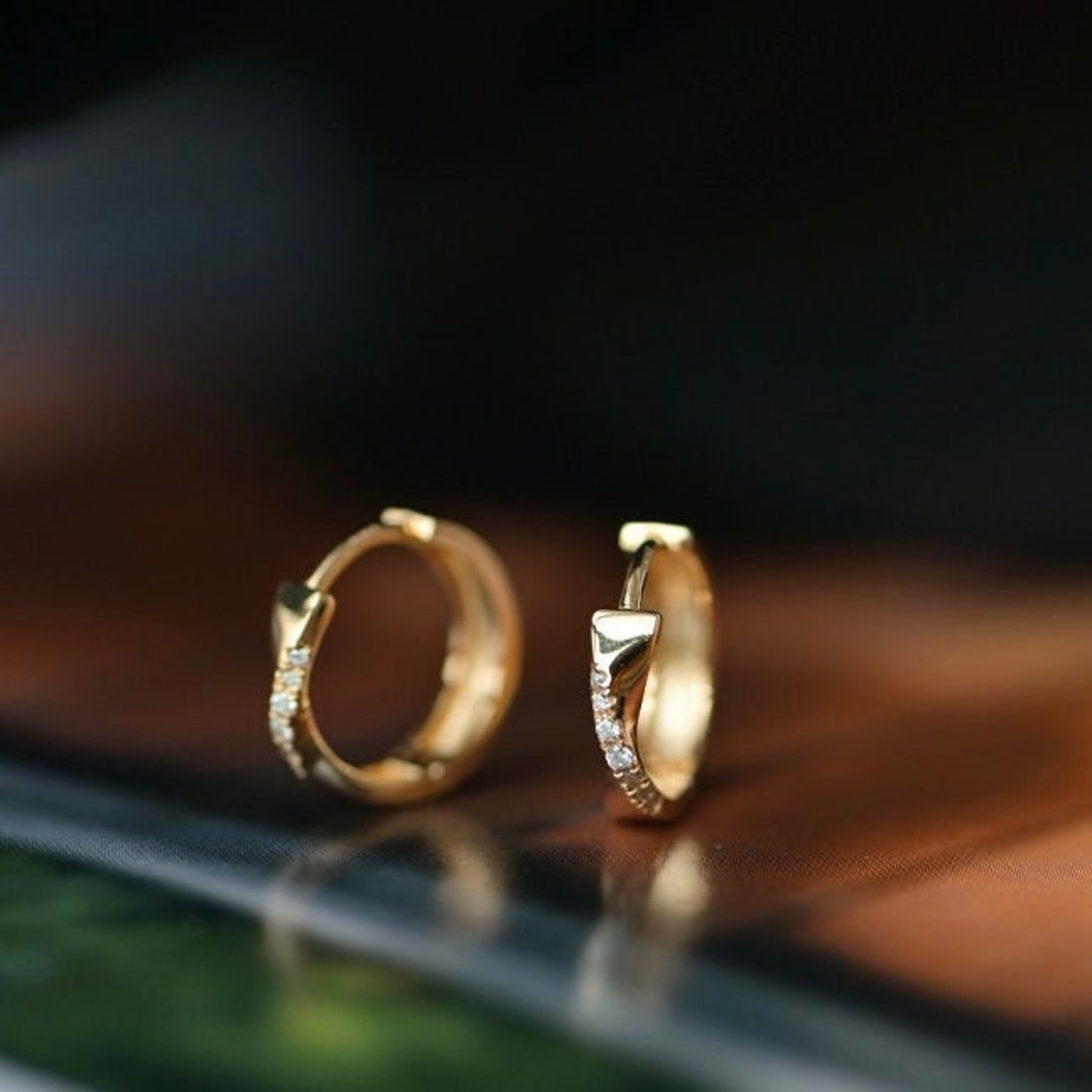 Irregular Tiny Hoop Earring With CZ Diamond, Simple Hoop Earrings in ...