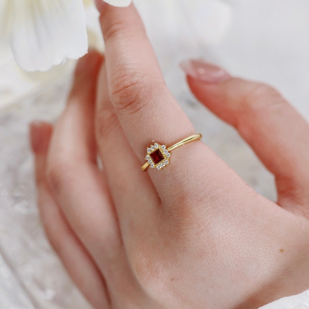 Delicate Ruby Ring in 18K Gold Dainty Square Ruby Cz Ring - Etsy