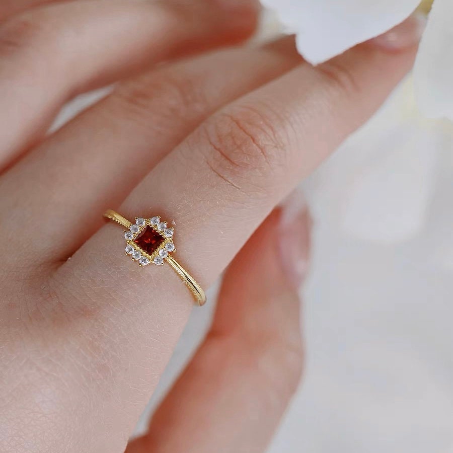 Delicate Ruby Ring in 18K Gold Dainty Square Ruby Cz Ring - Etsy