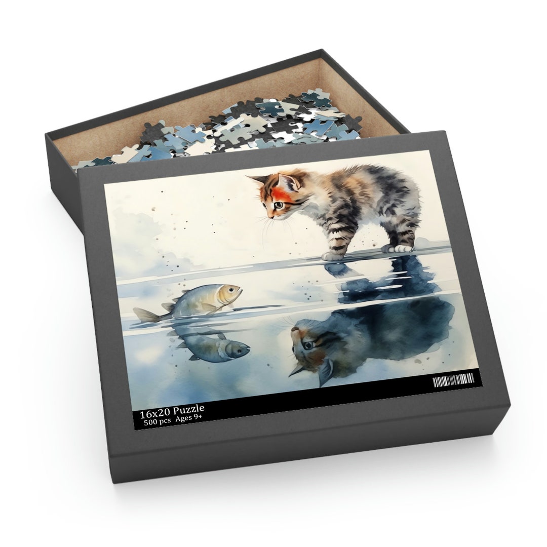 Reflective Cat Watercolor Jigsaw Puzzle Whimsical Feline Art Puzzler ...