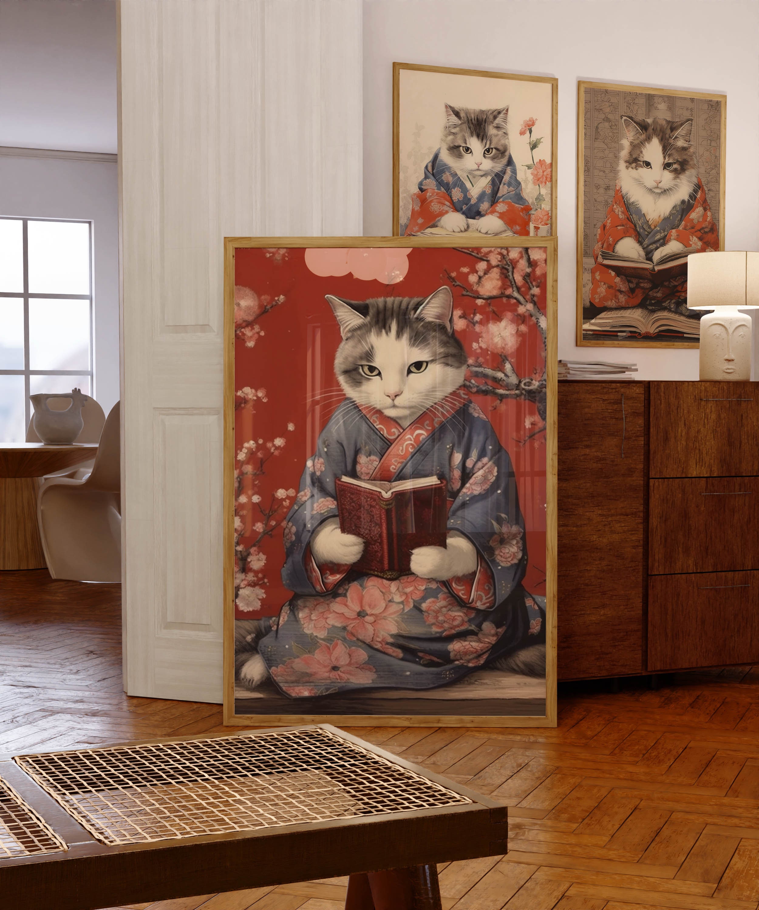 Set of 3, Ukiyo-e Woodblock Cat Reading Book Wall Art Poster Prints ...