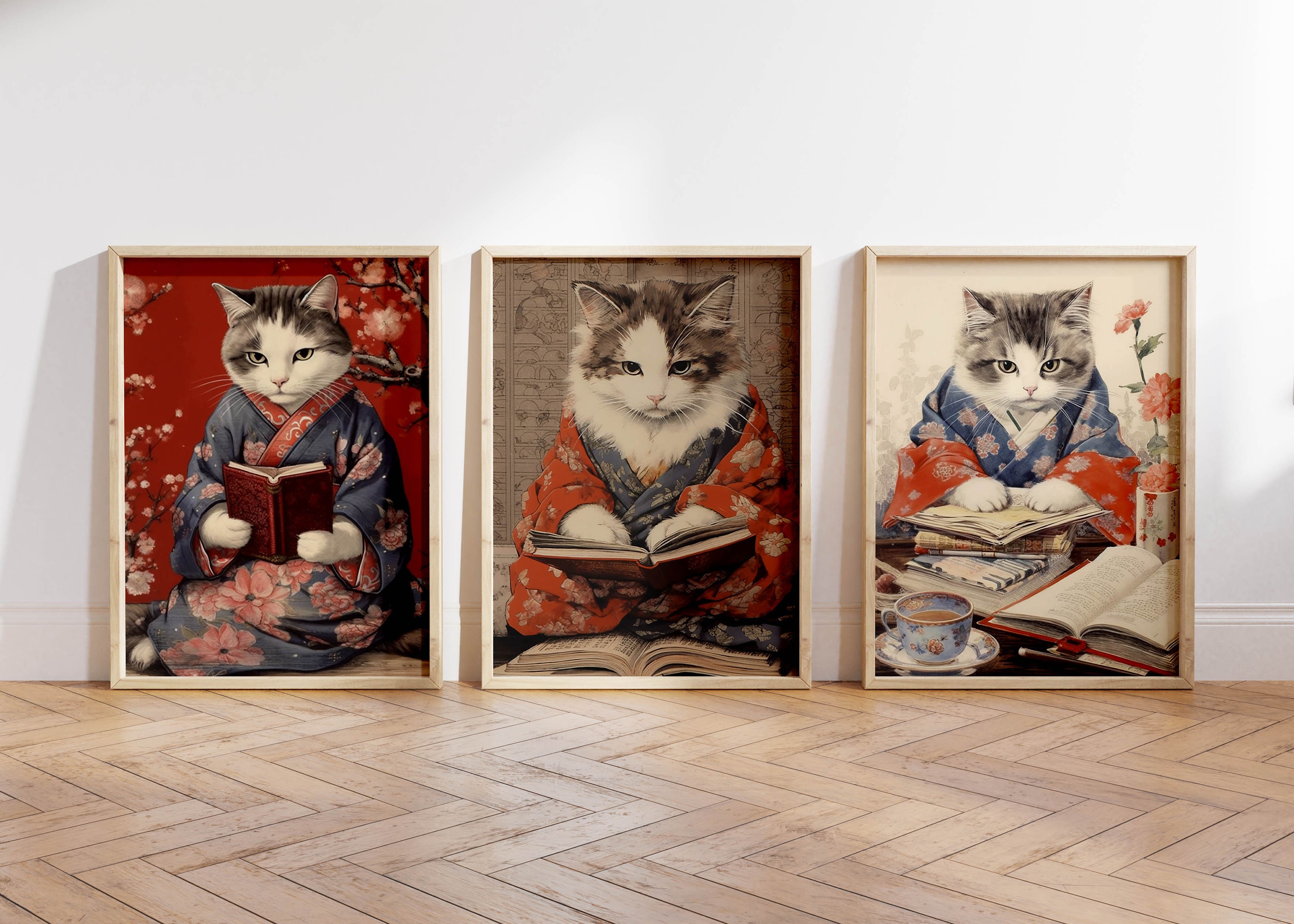 Set of 3, Ukiyo-e Woodblock Cat Reading Book Wall Art Poster Prints ...
