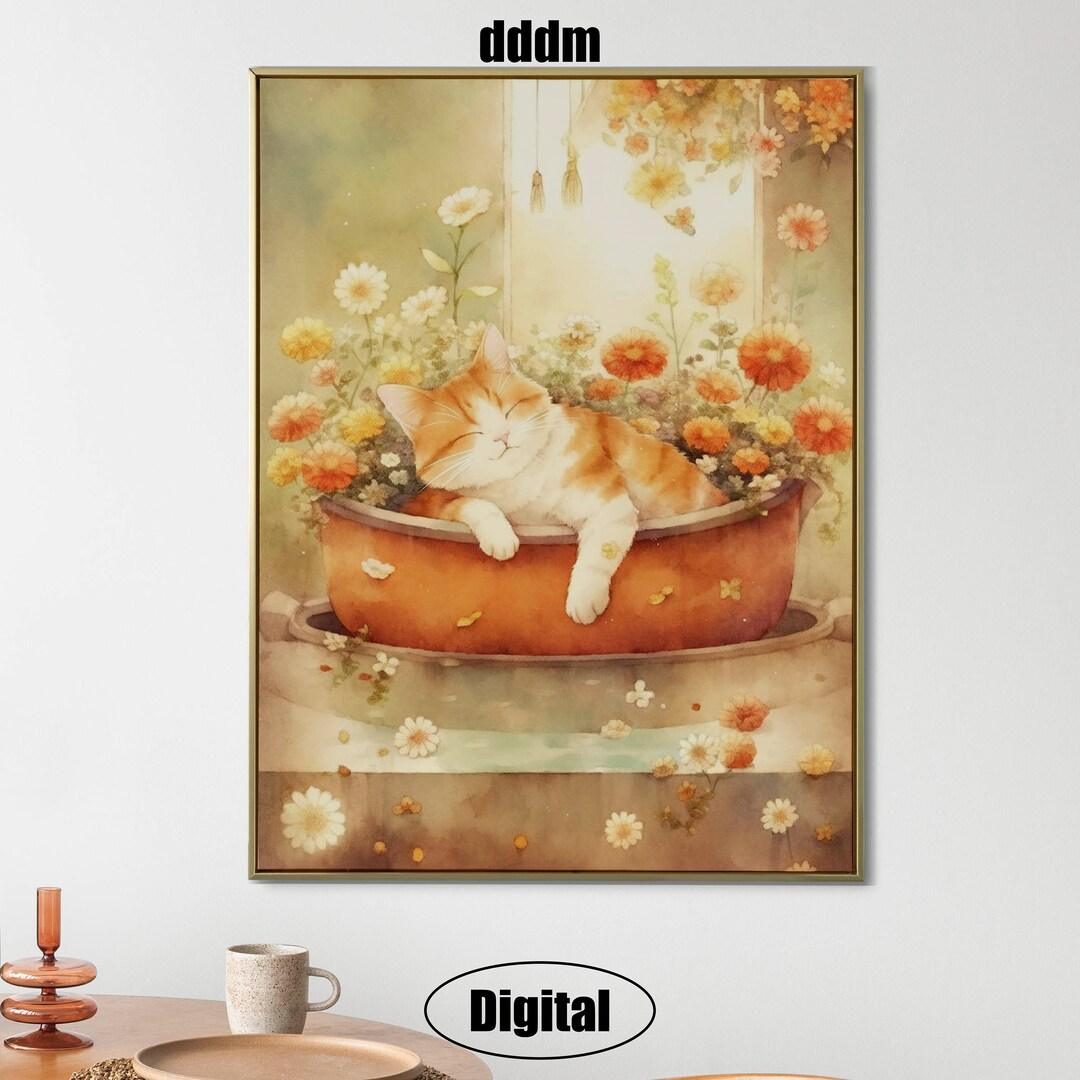 Happy Cat in Flower Pot Wall Art, Watercolor Wall Art, Cat Wall Art ...