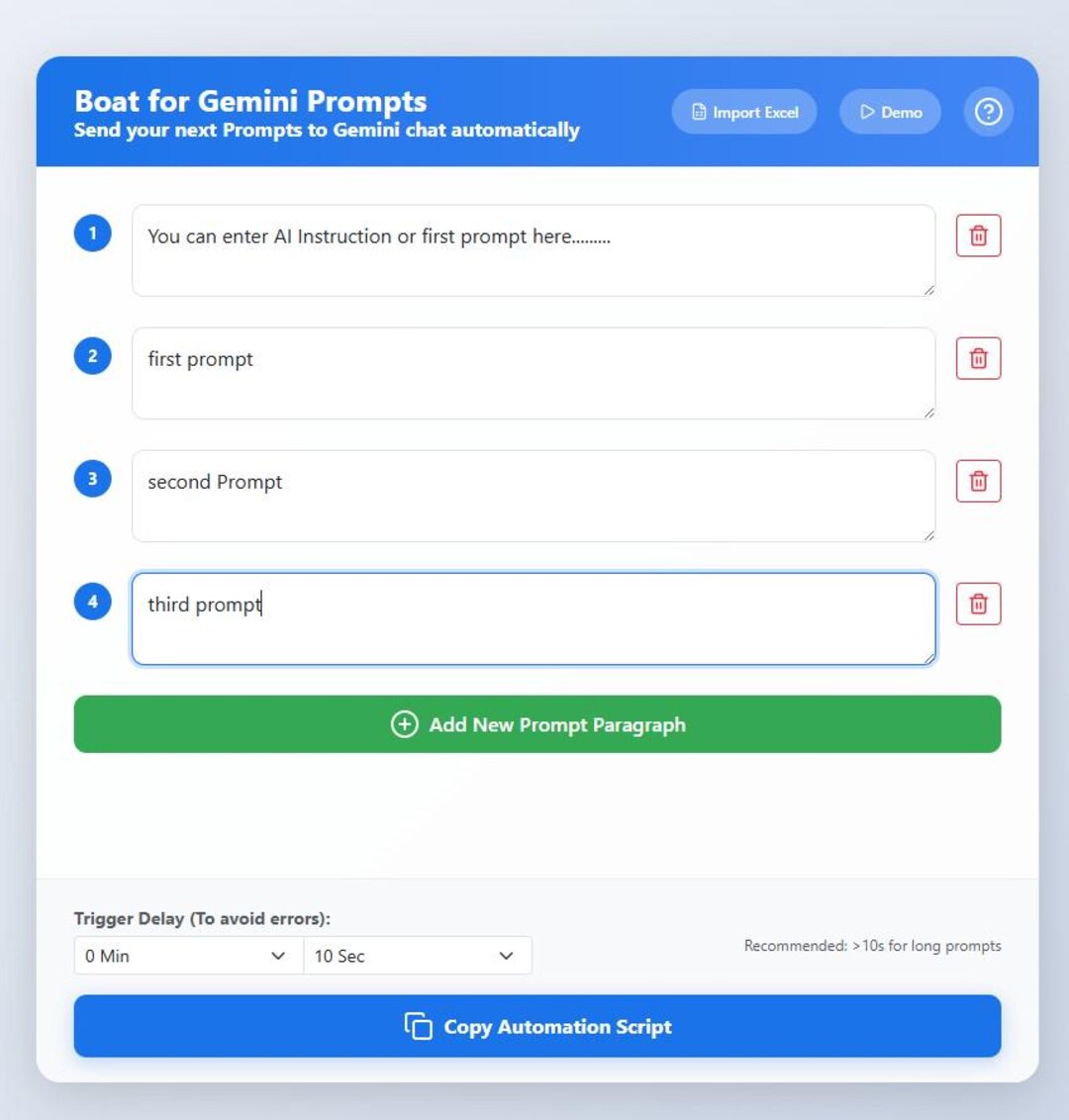 Gemini AI Prompt Automator Excel Import, Automated Workflow, HTML ...