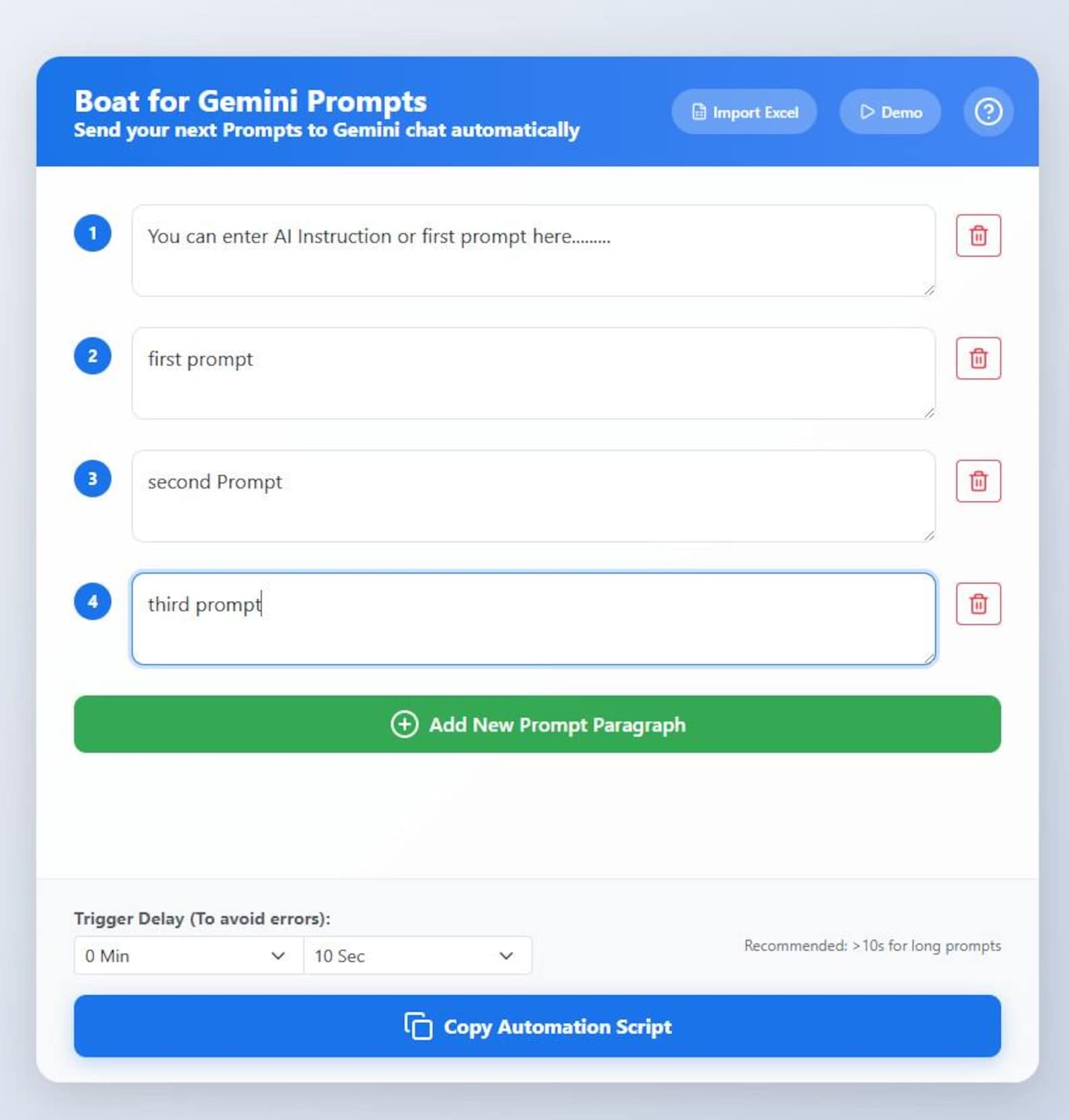 Gemini AI Prompt Automator Excel Import, Automated Workflow, HTML ...