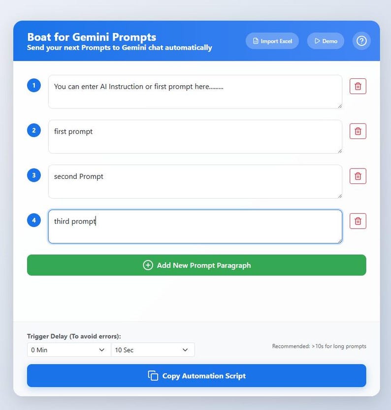 Gemini AI Prompt Automator Excel Import, Automated Workflow, HTML ...