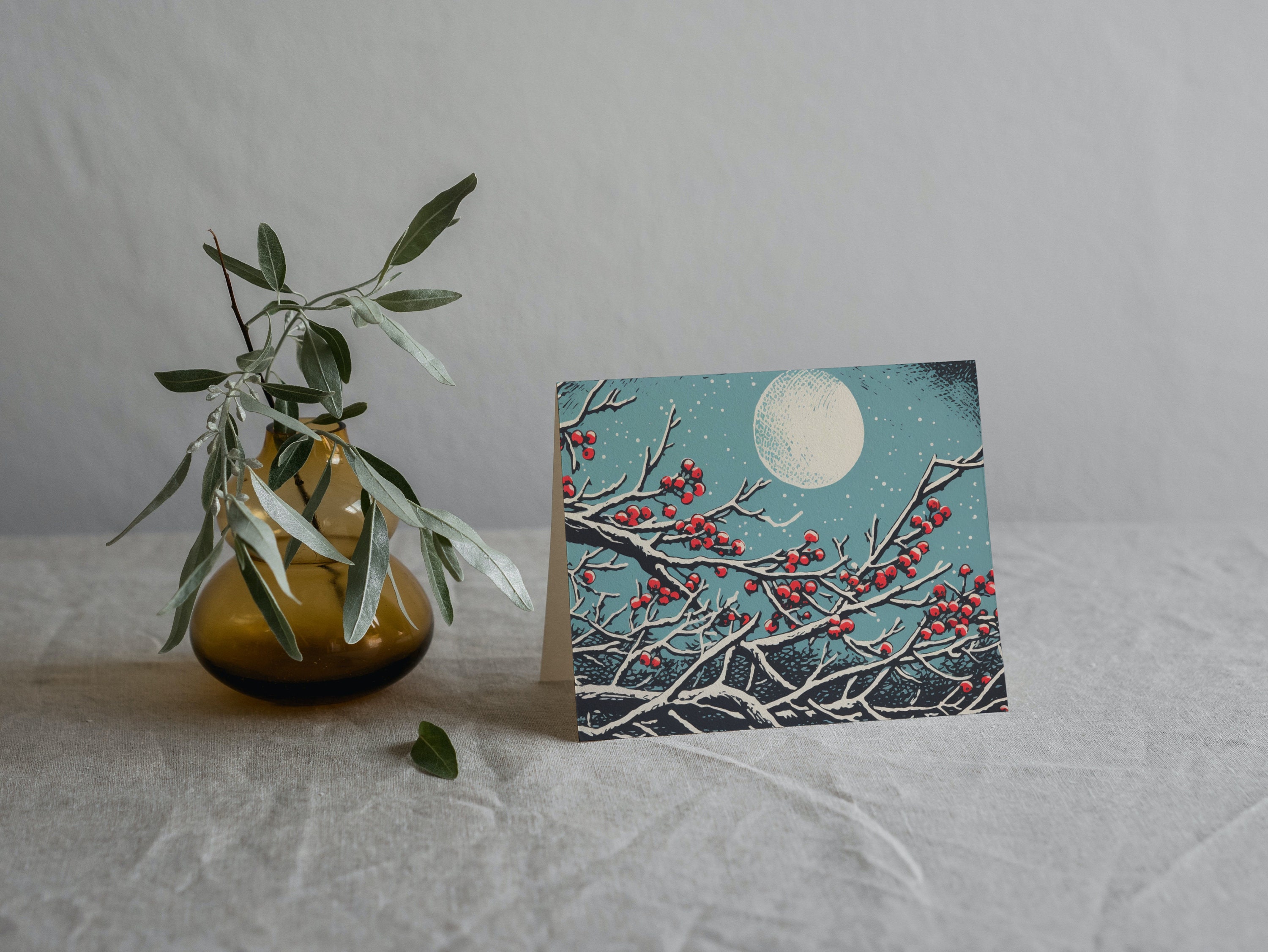 Printable Card - Full Moon Red Berries Christmas Card: Download, Print ...