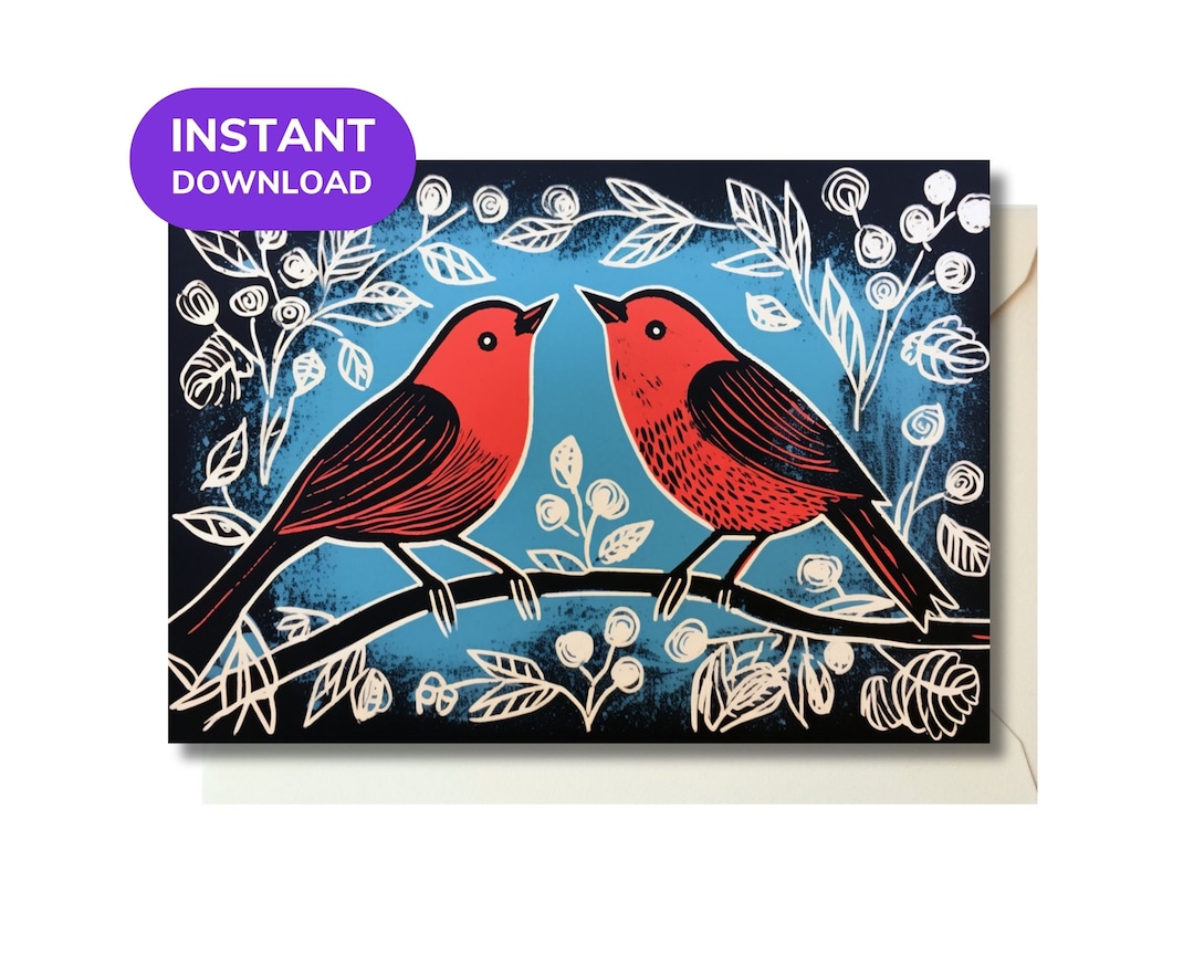 Printable Red Robin Love Birds Christmas Card: Download, Print, and ...
