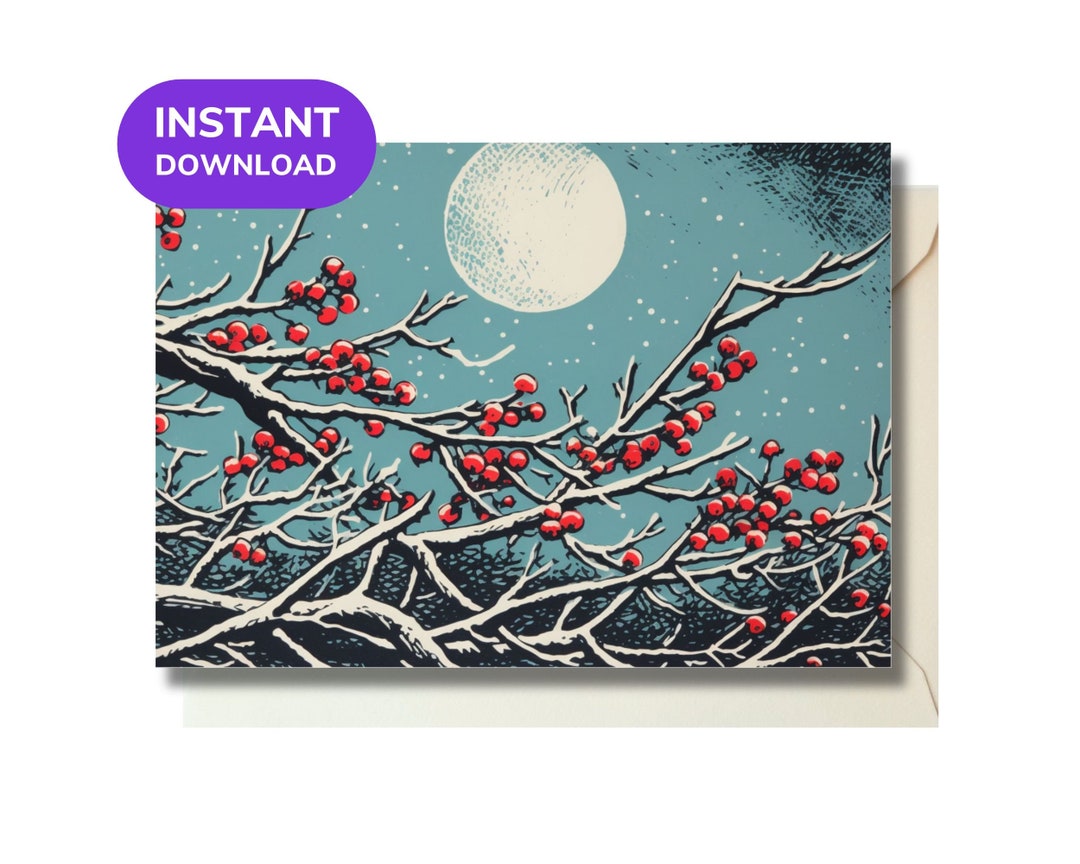Printable Card - Full Moon Red Berries Christmas Card: Download, Print ...