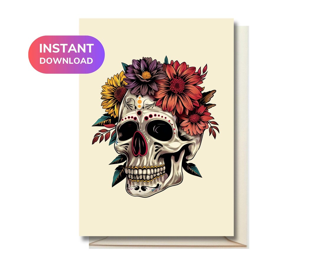 Halloween Printable Card: Pretty Skull With Flowers. Download, Print ...