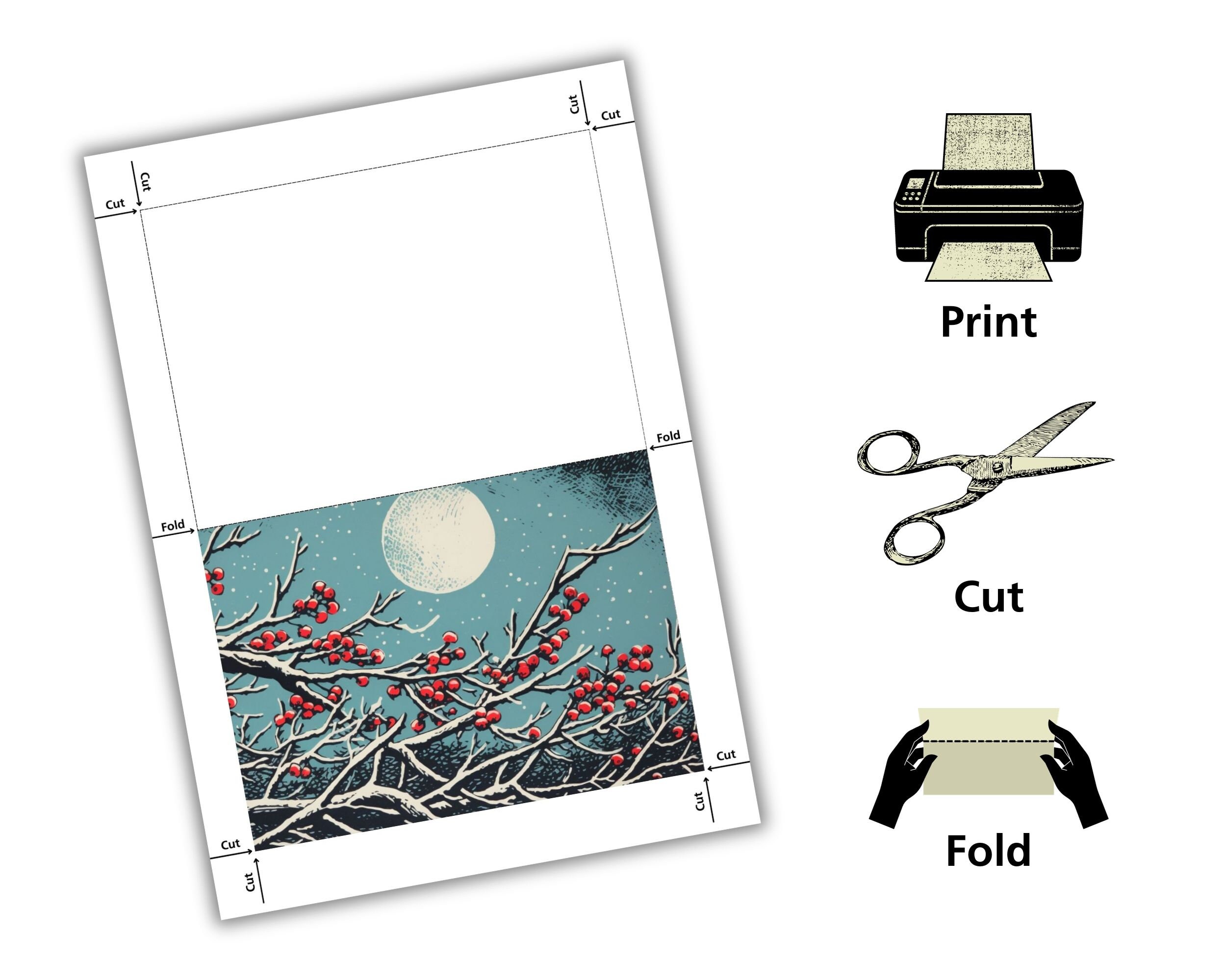 Printable Card - Full Moon Red Berries Christmas Card: Download, Print ...