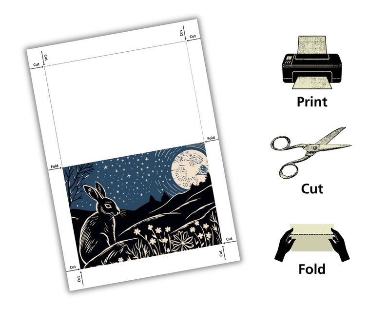 Printable Card Hare and Full Moon. Festive, Seasonal, Christmas, Winter ...