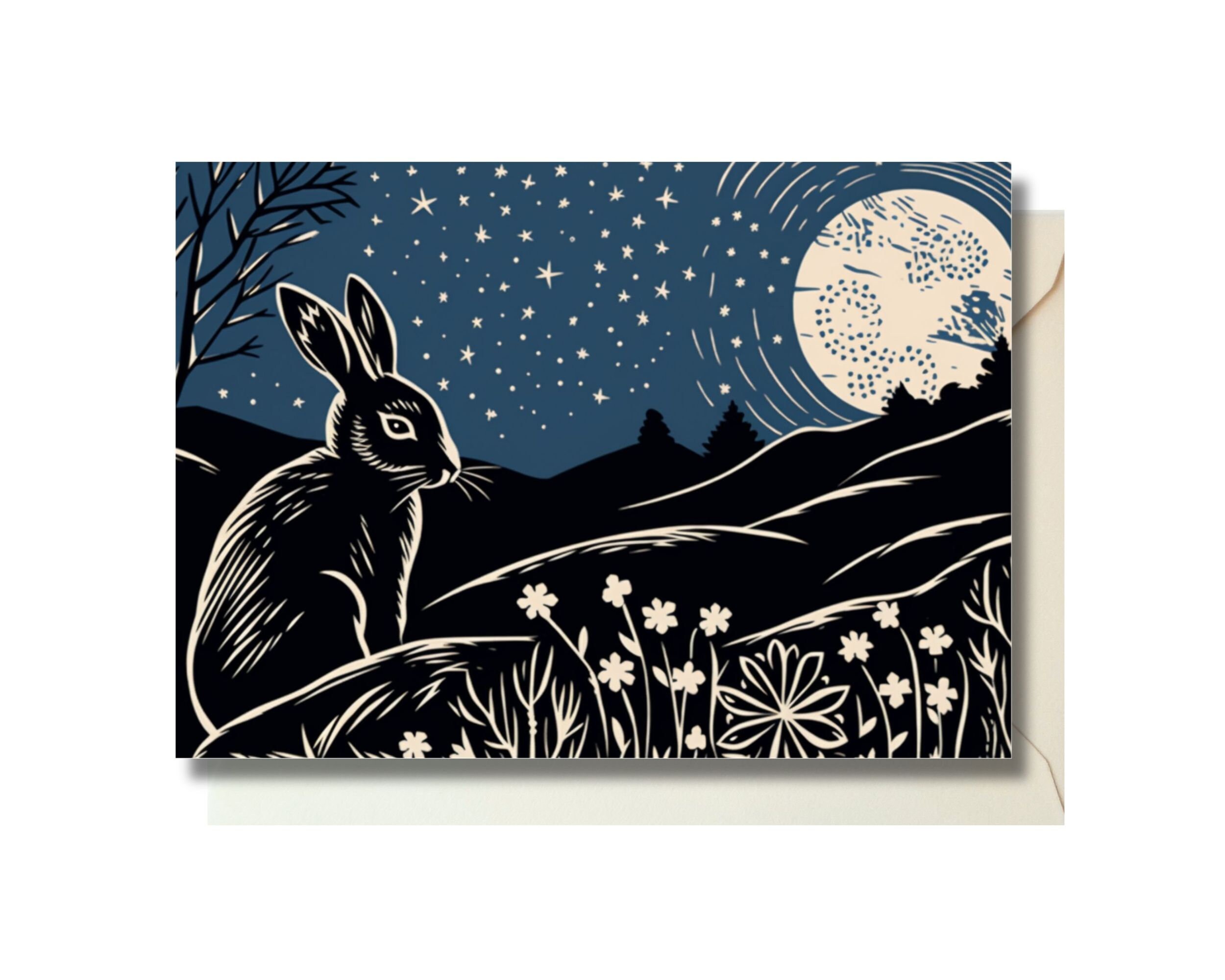 Printable Card - Hare and Full Moon. Festive, Seasonal, Christmas ...