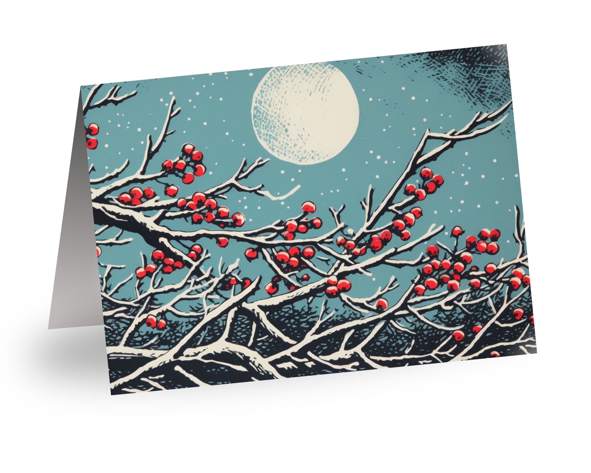 Printable Card - Full Moon Red Berries Christmas Card: Download, Print ...
