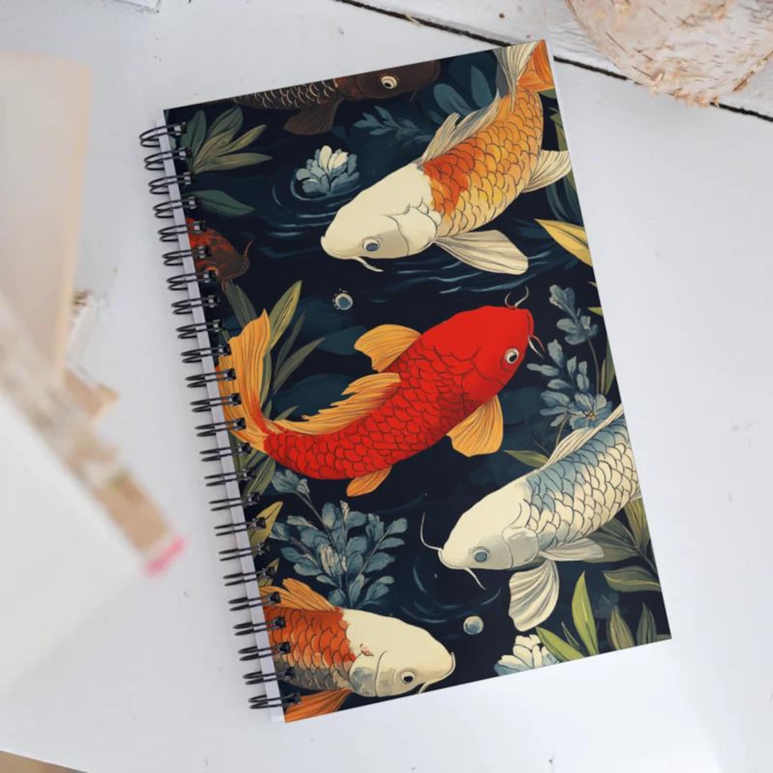 Koi Carp Fish Journal | Lino Print Style, Spiral Bound, Lined Notebook ...