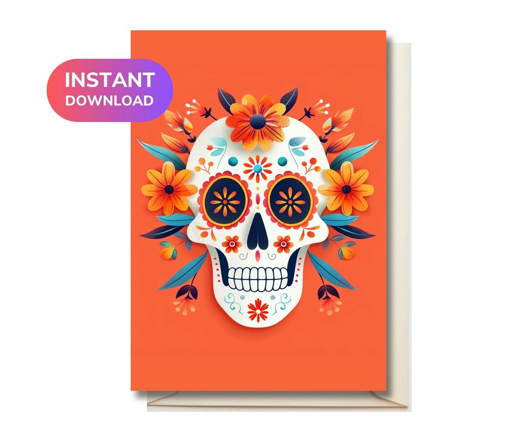 Halloween Printable Card: Sugar Skull With Flowers. Download, Print and ...